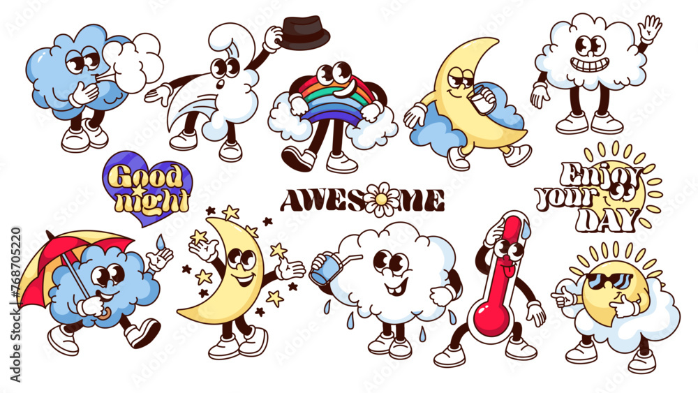 Groovy cartoon weather characters and stickers set. Funny retro rain ...