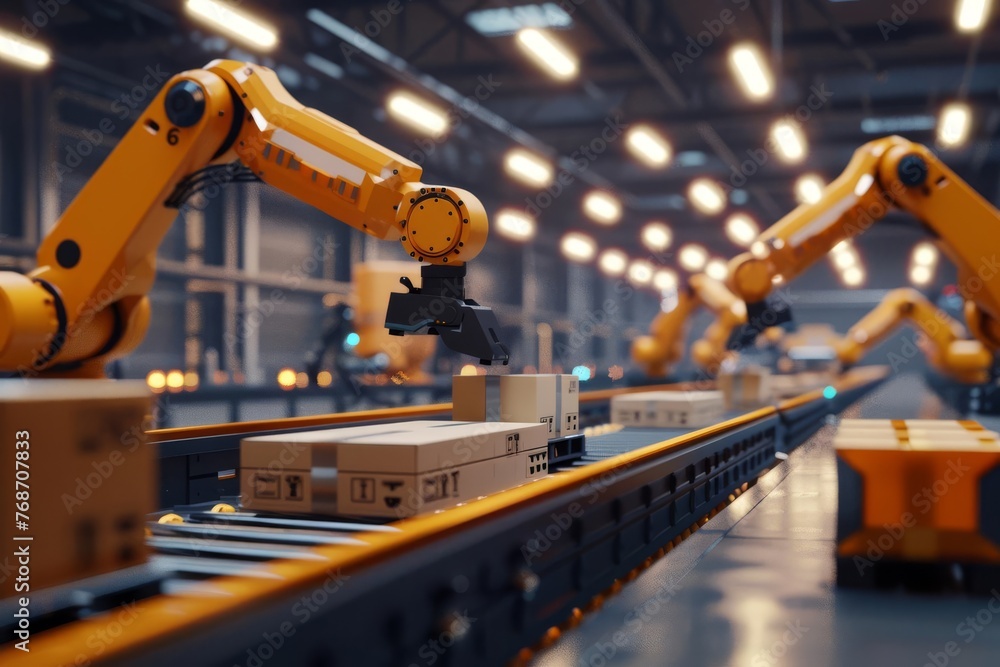 Automated Robotic Arms Sorting Packages on Assembly Line, Modern ...