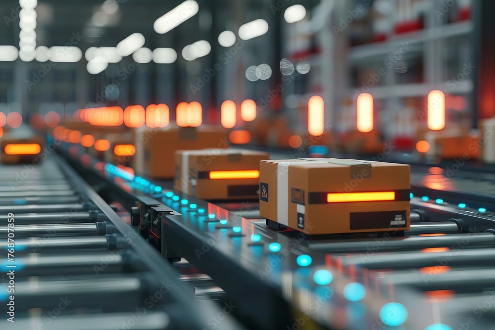 Automated Robotic Arms Sorting Packages on Assembly Line, Modern ...