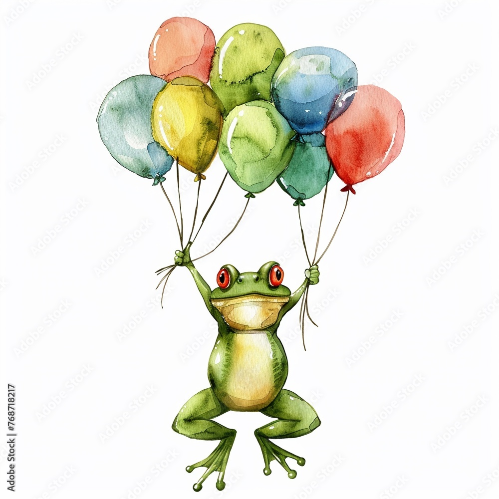 Frog with birthday balloons, clipart, watercolor illustration clipart ...