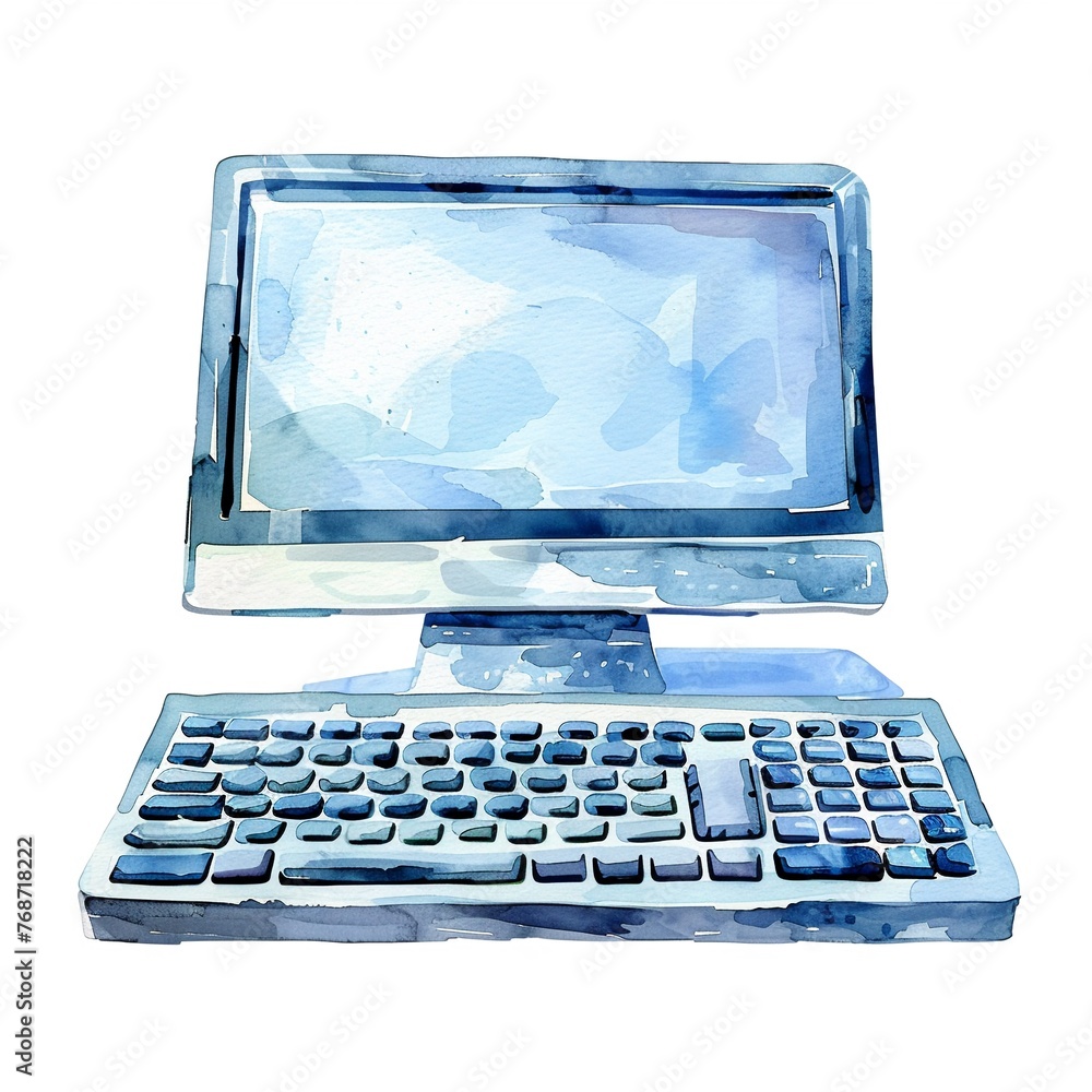 Computer and keyboard, clipart, watercolor illustration clipart ...