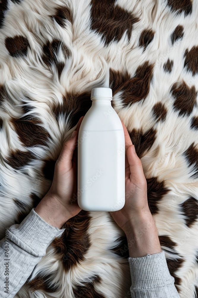Bottle of milk mockup in the hand on spotted cow hide background ...