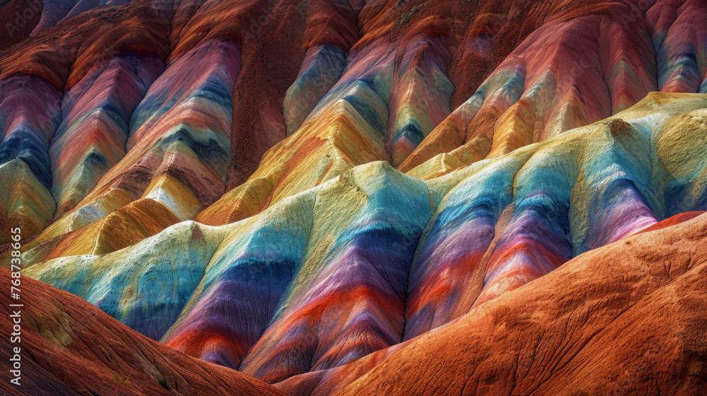 Amazing scenery of Rainbow mountain and blue sky background in sunset ...