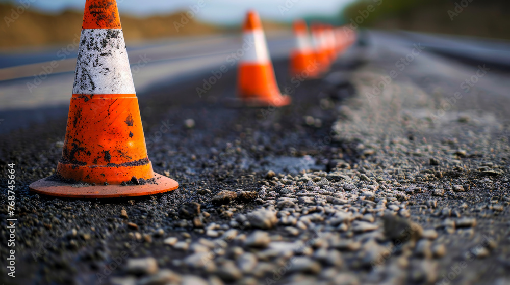 Traffic safety cones align neatly on fresh asphalt, a symbol of caution ...