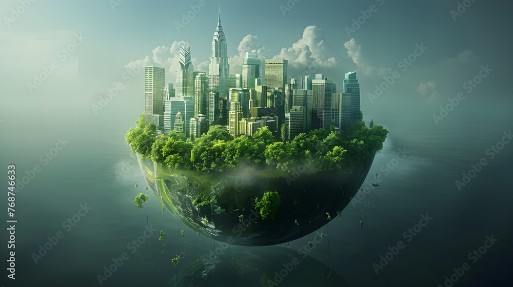 The image depicts a green city on earth to celebrate world environment ...