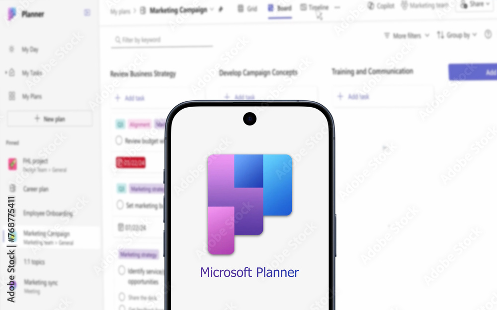 New Microsoft Planner logo is displayed on a modern smartphone, application in the background ...