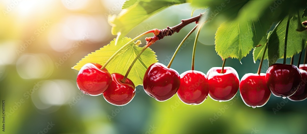 Clusters of ripe red cherries are hanging abundantly from the green ...