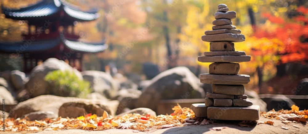 Rocks stacked by a traditional pagoda at Seon Am temple, where visitors ...