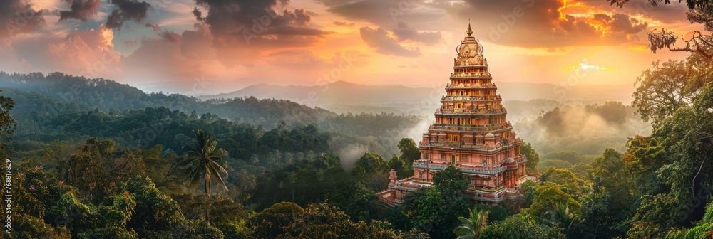 Majestic Hindu temple with jungle and mountains in the background ...