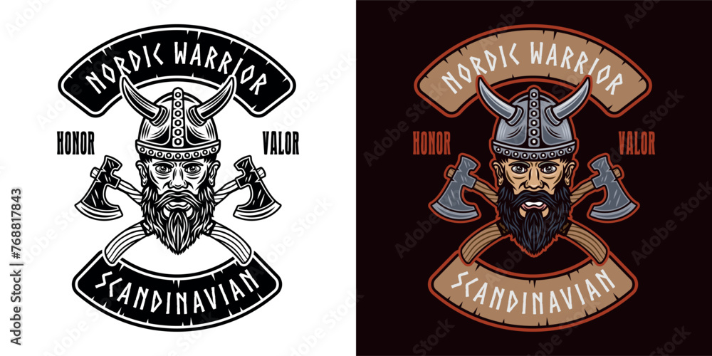 Viking head and crossed axes vector emblem, label, badge or print in ...