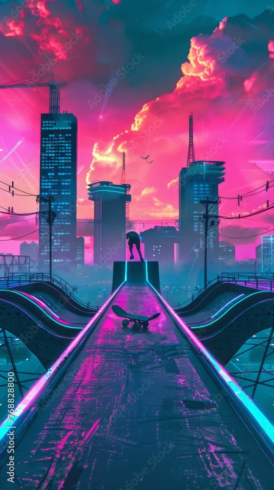 Vintage hoverboard skate park, neon ramps, retro-futuristic skyline ...