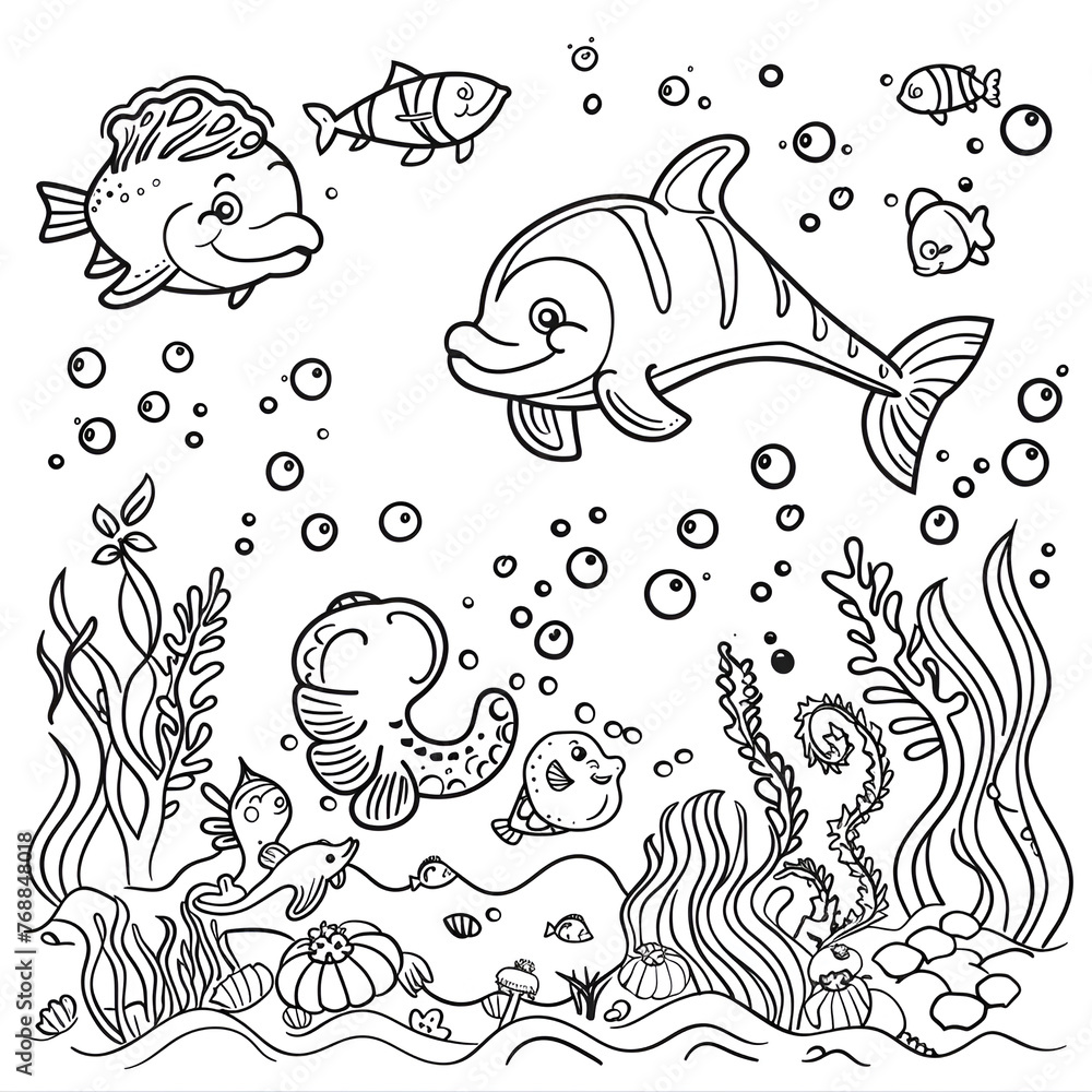 Underwater marine life kids coloring book page design. Cartoon vector ...