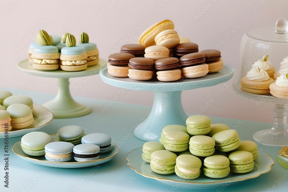 French pastries on a pastel colored dessert table, with macarons, and ...