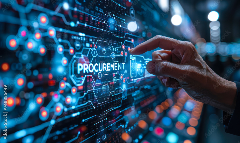 Business professional displaying icons representing key aspects of procurement process, digital ...