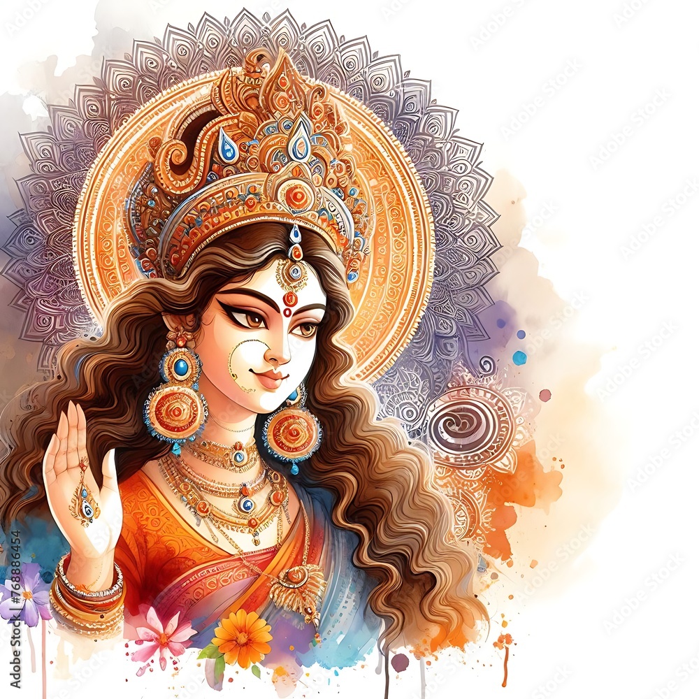 Chaitra Navratri Celebration: Watercolor Illustration Featuring Goddess ...