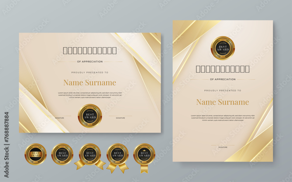 Beige gold and white modern certificate template with shapes. For ...