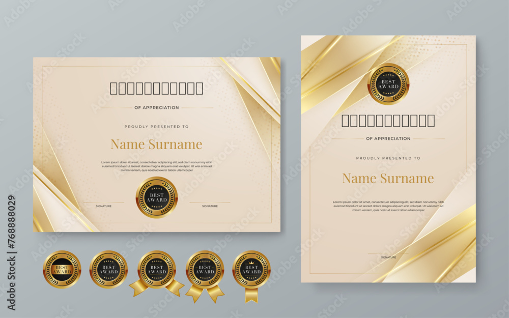 Beige gold and white modern certificate template with shapes. For ...
