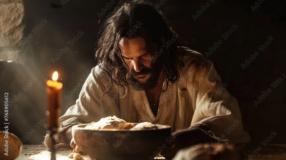 Jesus breaking bread during the last supper, symbolizing his body ...