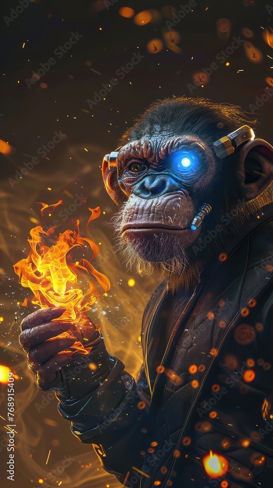 Monkey holding looking fire in his paws. Monkey with burning eyes, the ...