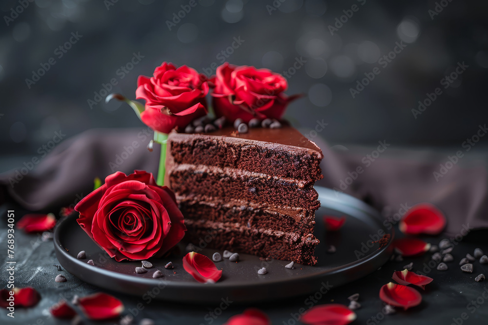 Rich and moist chocolate layer cake elegantly topped with a bouquet of ...