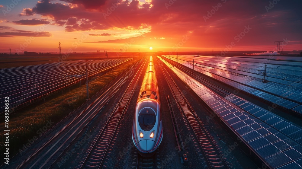 High-speed train powered by renewable energy, with solar panels along ...