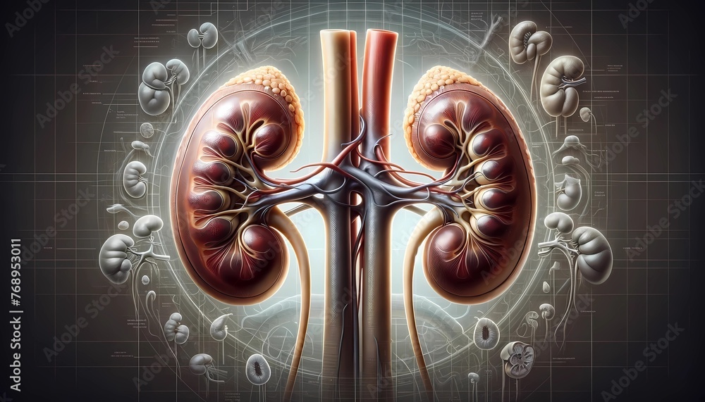 Anatomical rendering of human kidneys and urinary system, concept of ...