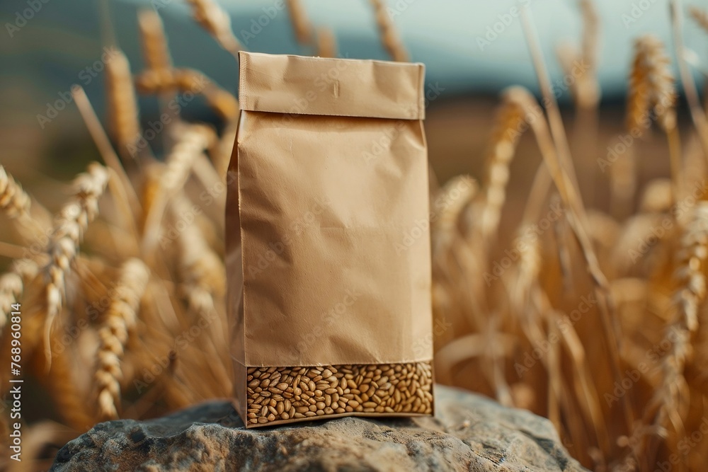 Cereal packaging mockup on wheat field background. Tare and package ...