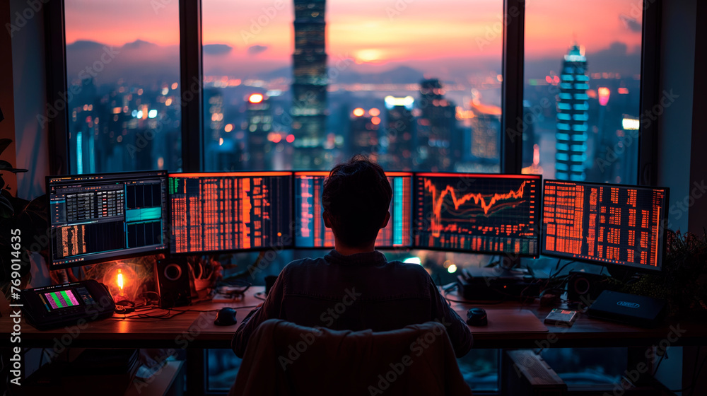 Trader analyzing stock market at a high-rise office desk, multiple ...