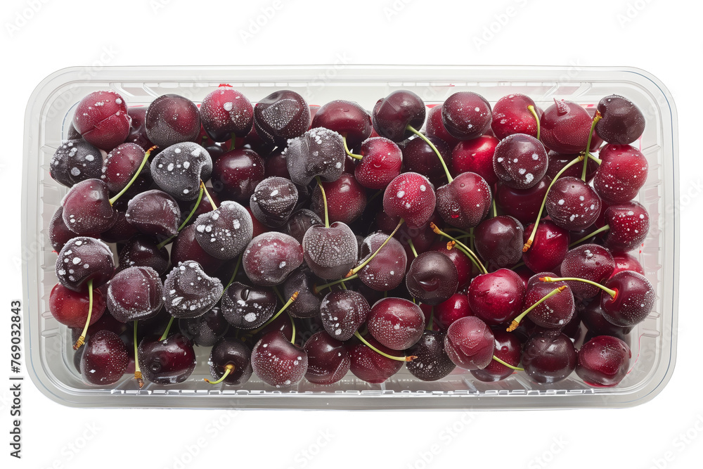 Frozen cherries in the plastic shop package isolated on transparent ...