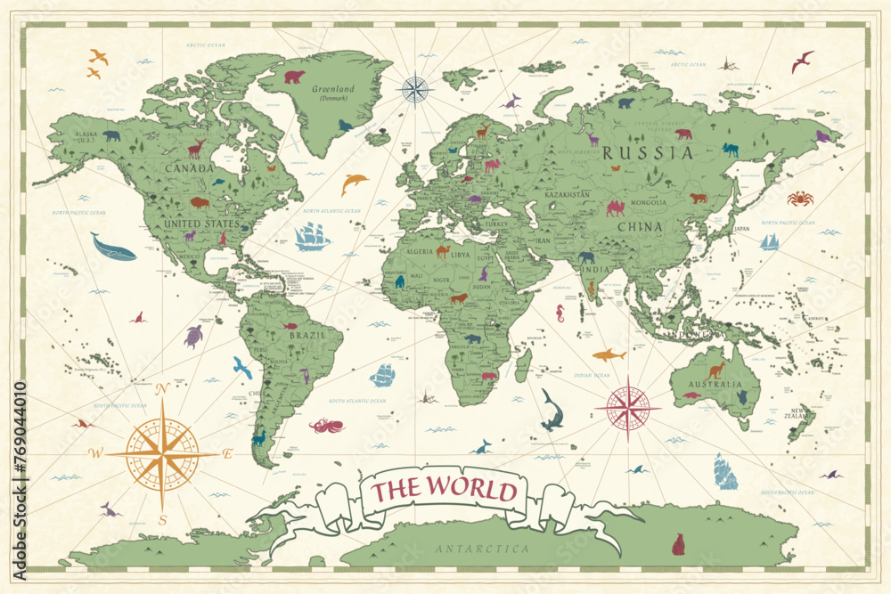 World Map Vintage Ancient Cartoon - Vector Illustration. Sepia and ...