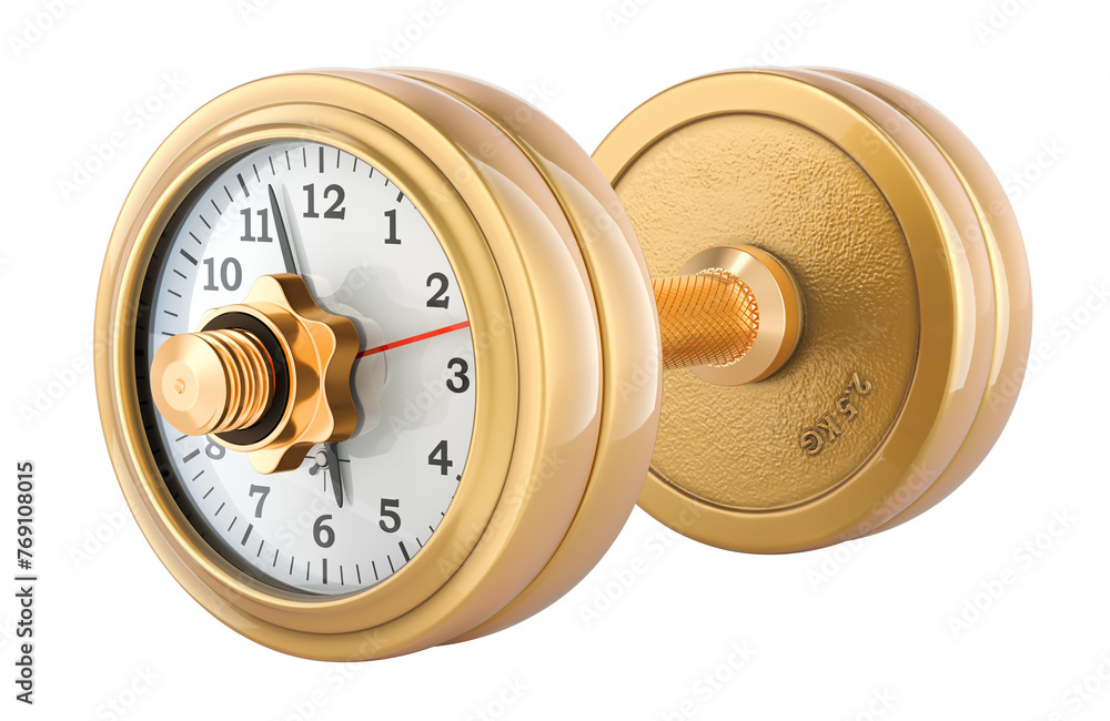 Sport time, concept. Dumbbell with clock, 3D rendering isolated on ...