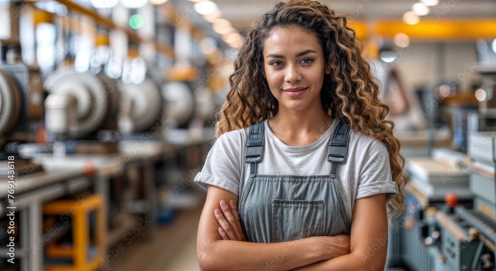 A woman with long hair stands in a factory with her arms crossed. She ...