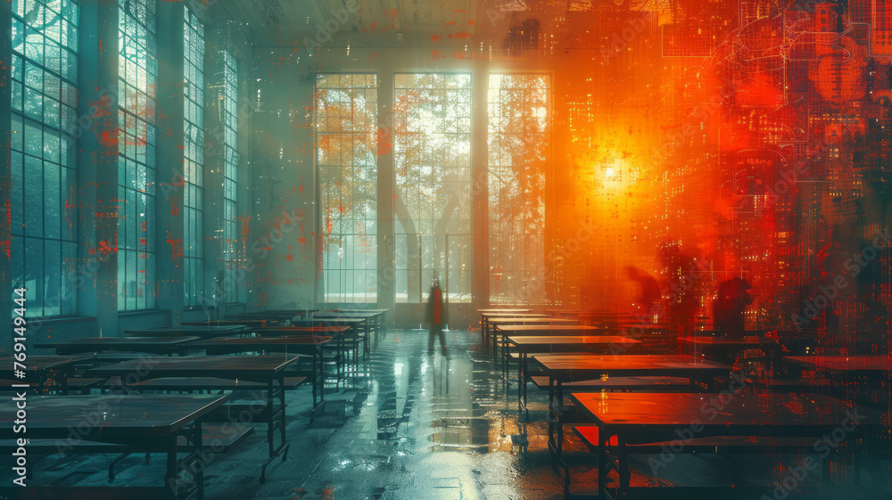 picture collage of classroom interior with school desks chair for ...