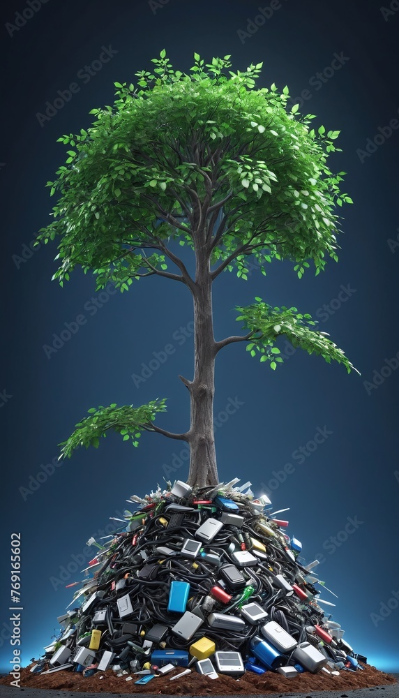 A free-standing green tree grows out of a pile of waste, plastic ...