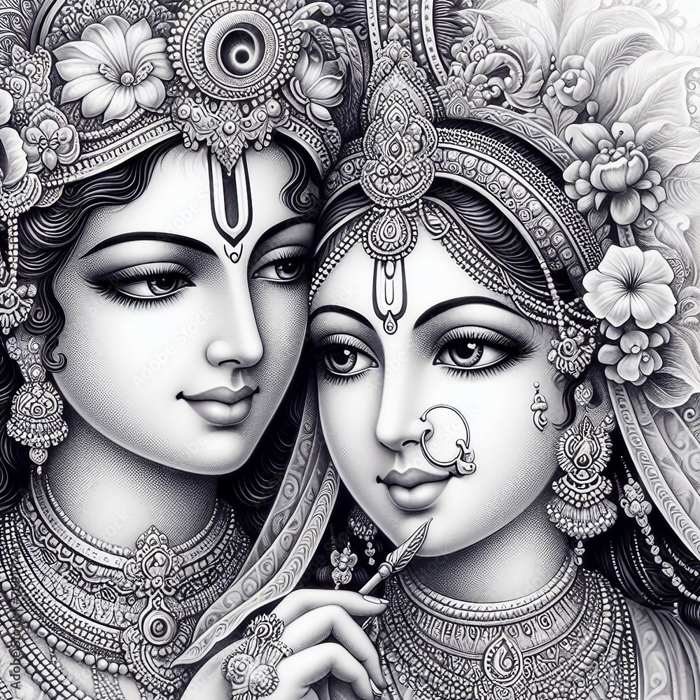 Divine Embrace: Close-Up Drawing of the Beautiful Goddess Radha and ...