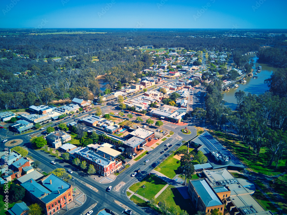 Aerial view of Echuca main business district. View of the Murray River ...