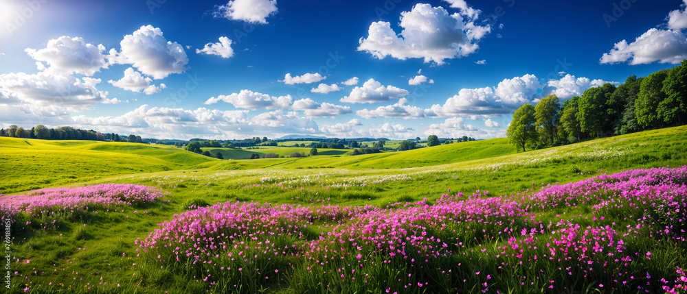 Beautiful green meadows with wildflowers against a background of wooded ...