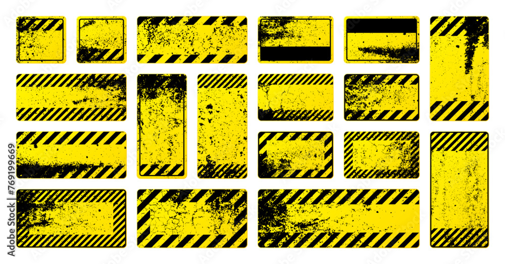 Various yellow grunge warning signs with diagonal lines. Old attention ...