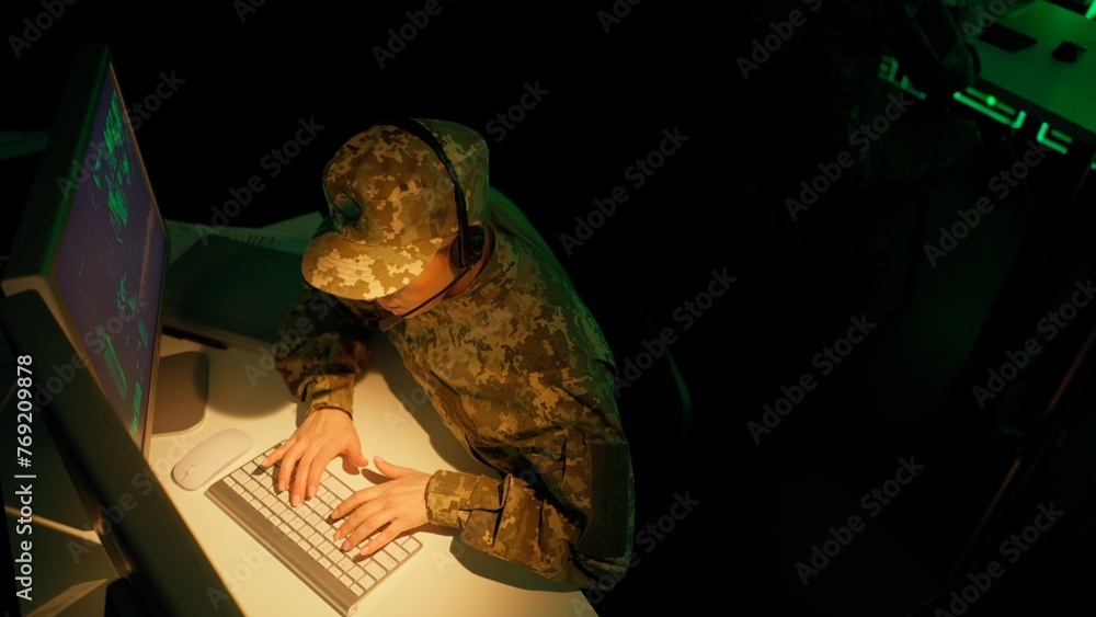 Group of security squad in control center. Military headquarters ...