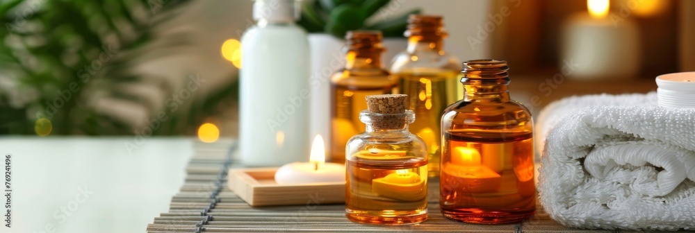 Aroma oil spa setup on grey table with white background and ample space ...