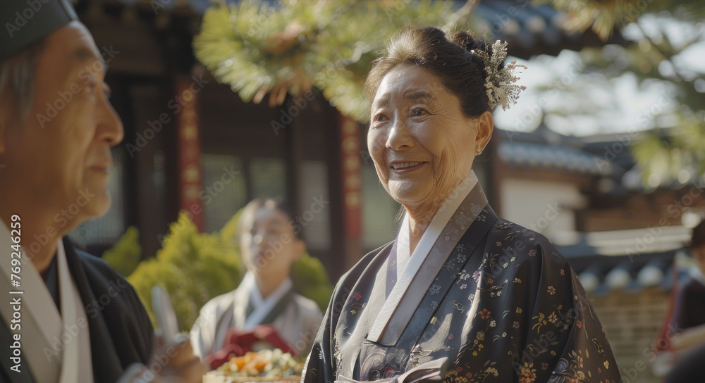 Elderly Asian couple in traditional clothing enjoying cultural festival ...