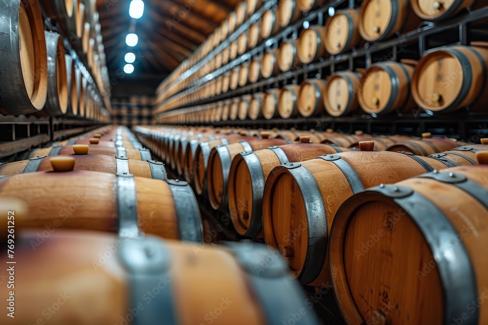 Symmetrical perspective of countless oak barrels lined up inside a ...