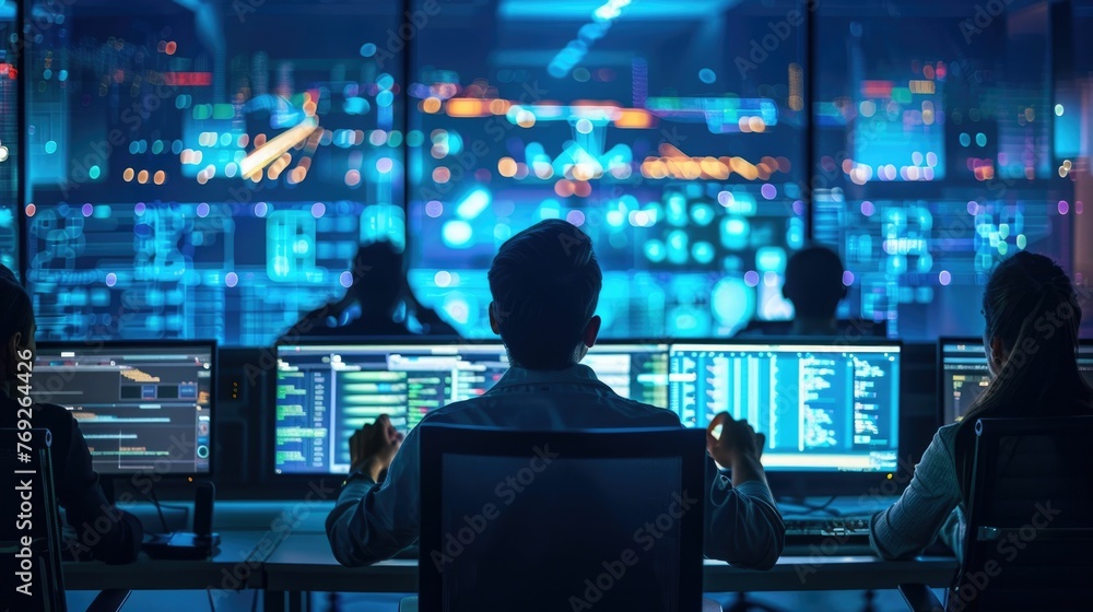Network center where technicians are closely monitoring and analyzing ...
