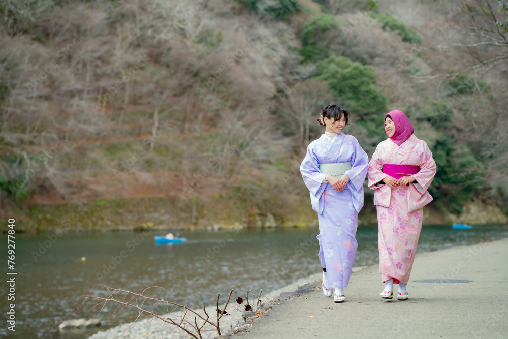 Travel, muslim travel, Arashiyama, woman girl tourist Two Asian friends ...