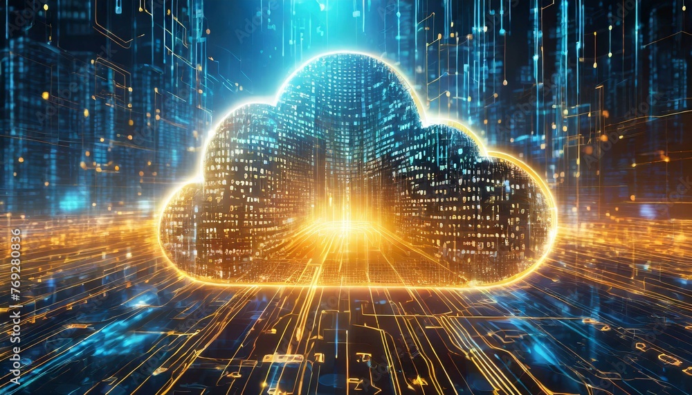 data transfer cloud computing technology concept. There is a large prominent cloud icon in the ...