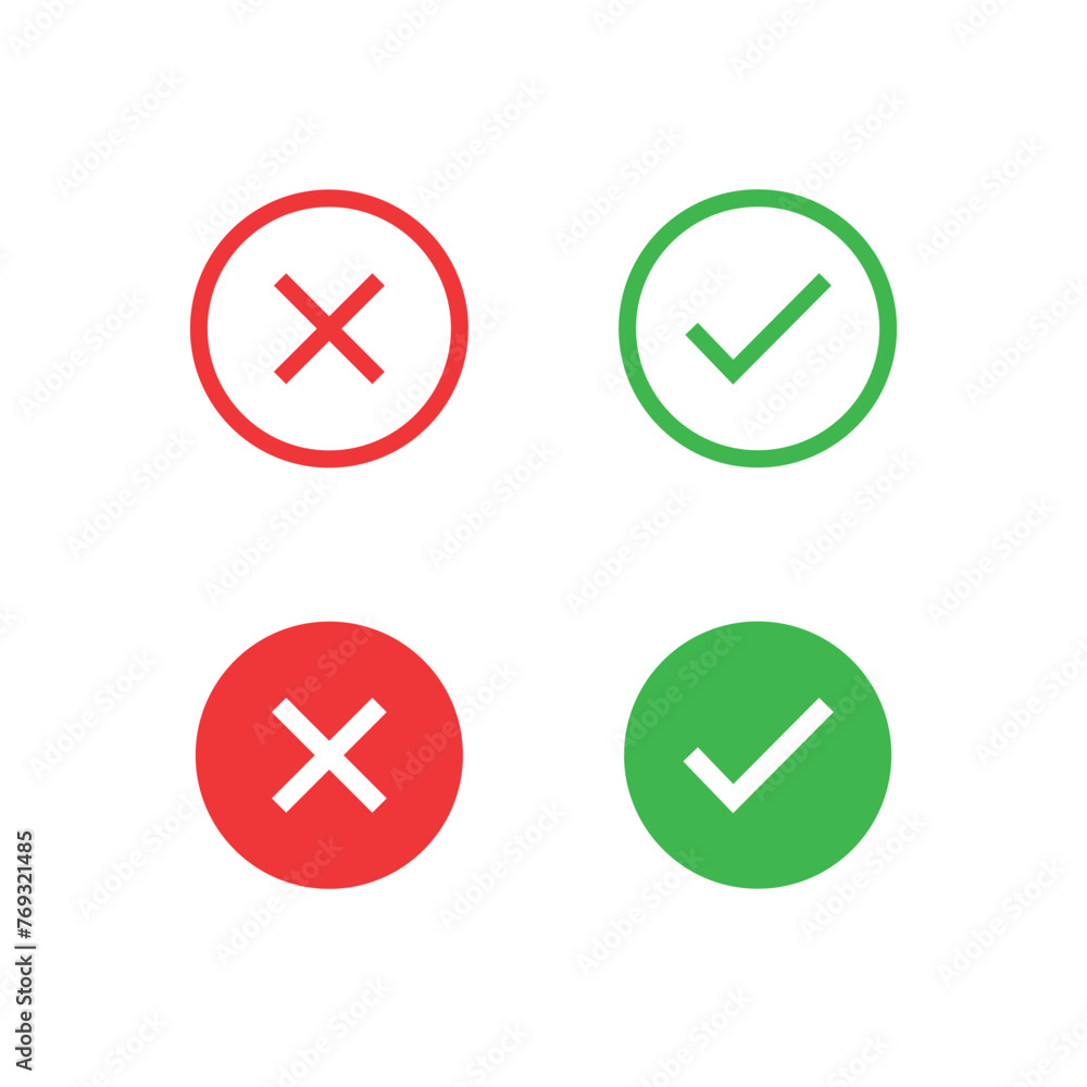 Tick, cross signs. Green checkmark OK red X, Simple marks Circle symbols YES NO button for vote ...