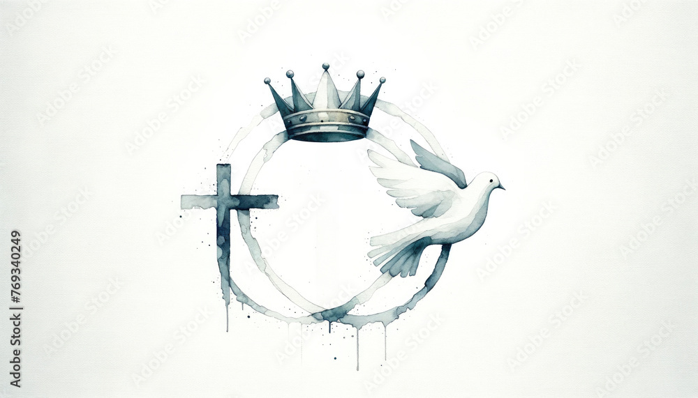 Holy Trinity symbols. Cross, crown and dove of Holy Spirit. Watercolor ...