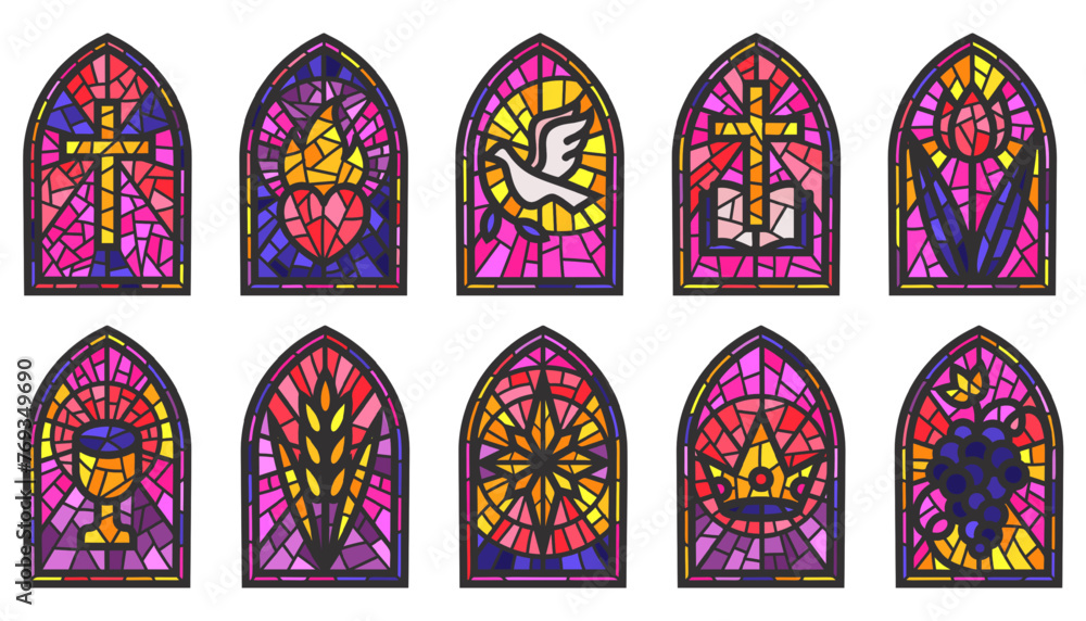 Church glass windows. Stained mosaic catholic frames with cross, book ...