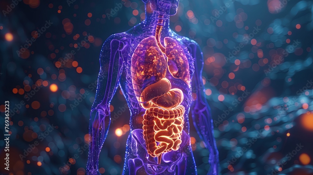 Human anatomy of the digestive system. 3D illustration that scans ...