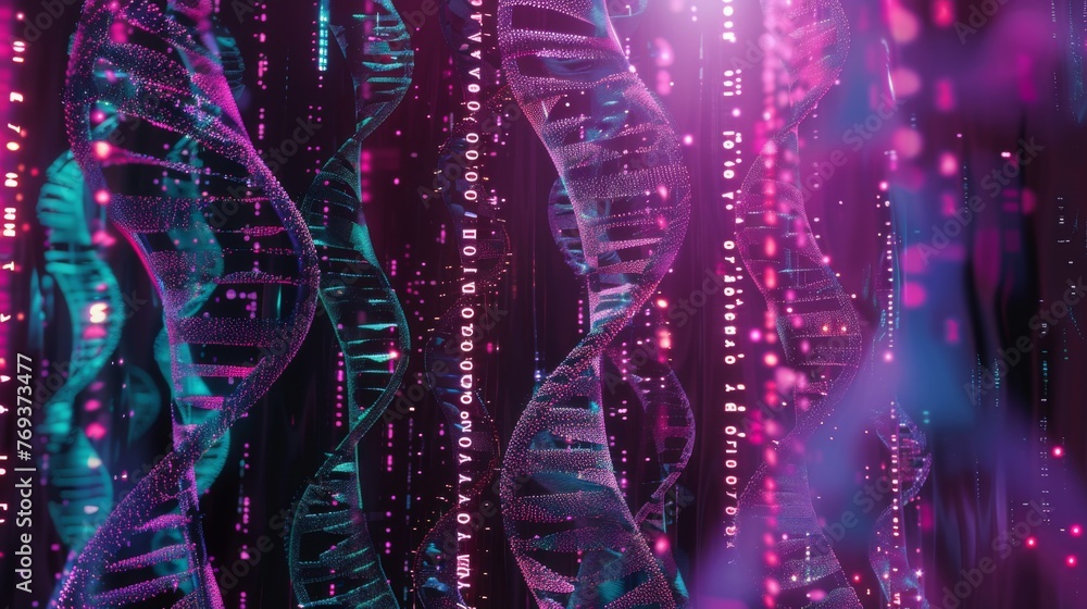 A captivating visualization of DNA strands intertwined with digital binary code, highlighting ...